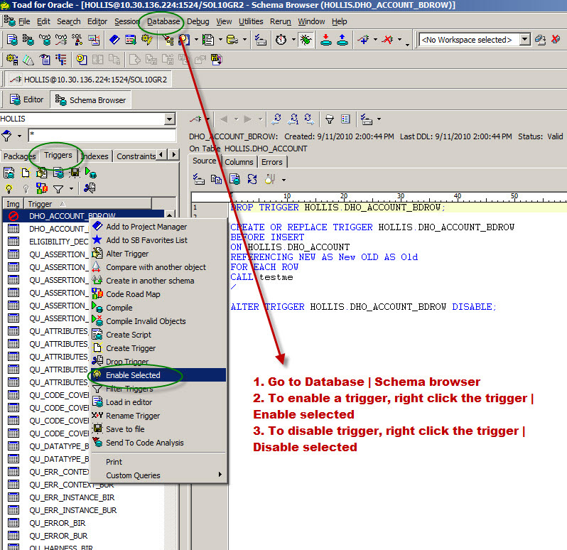 How to enable or disable a trigger in Toad for Oracle? (4323983)