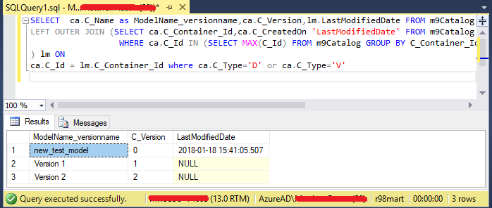 SQL Server query that retrieves the Model Names, Versions and ...